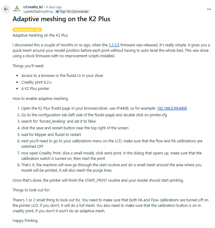 Enabling adaptive bed mesh on the K2 Plus/Pro - Creality Flagship K2 ...